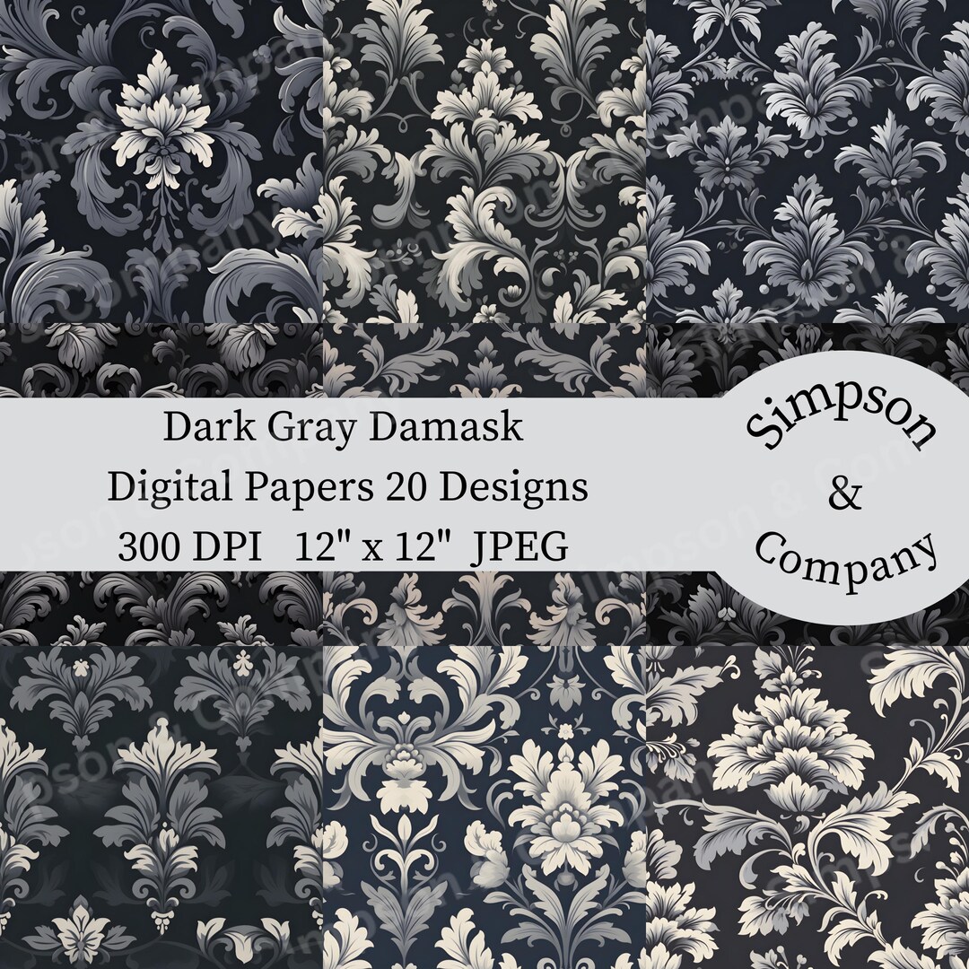 20 Dark Gray Damask Digital Paper, Victorian Digital Paper Pack, JPEG ...