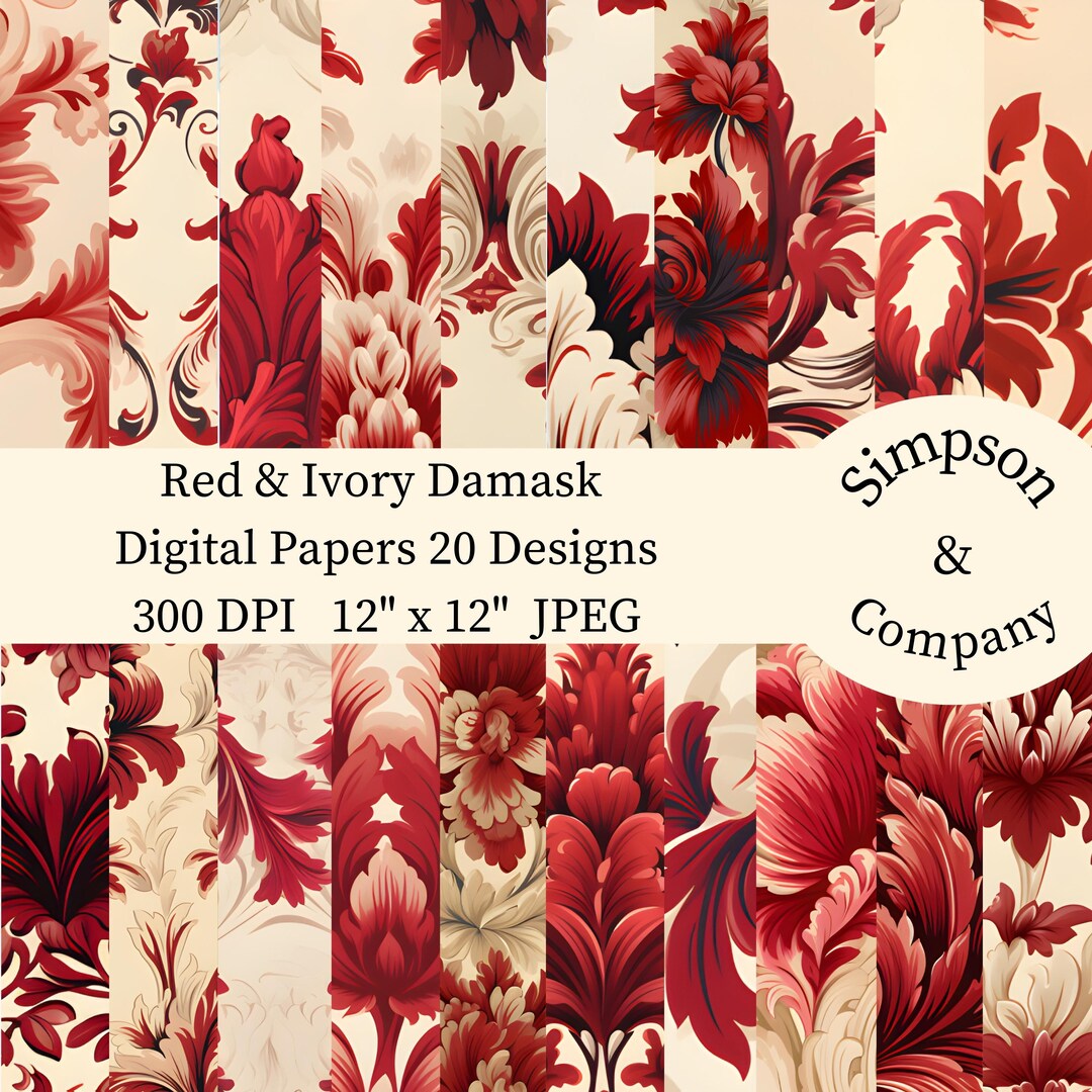 20 Red Damask Digital Paper, Victorian Digital Paper Pack, JPEG, 12 X ...