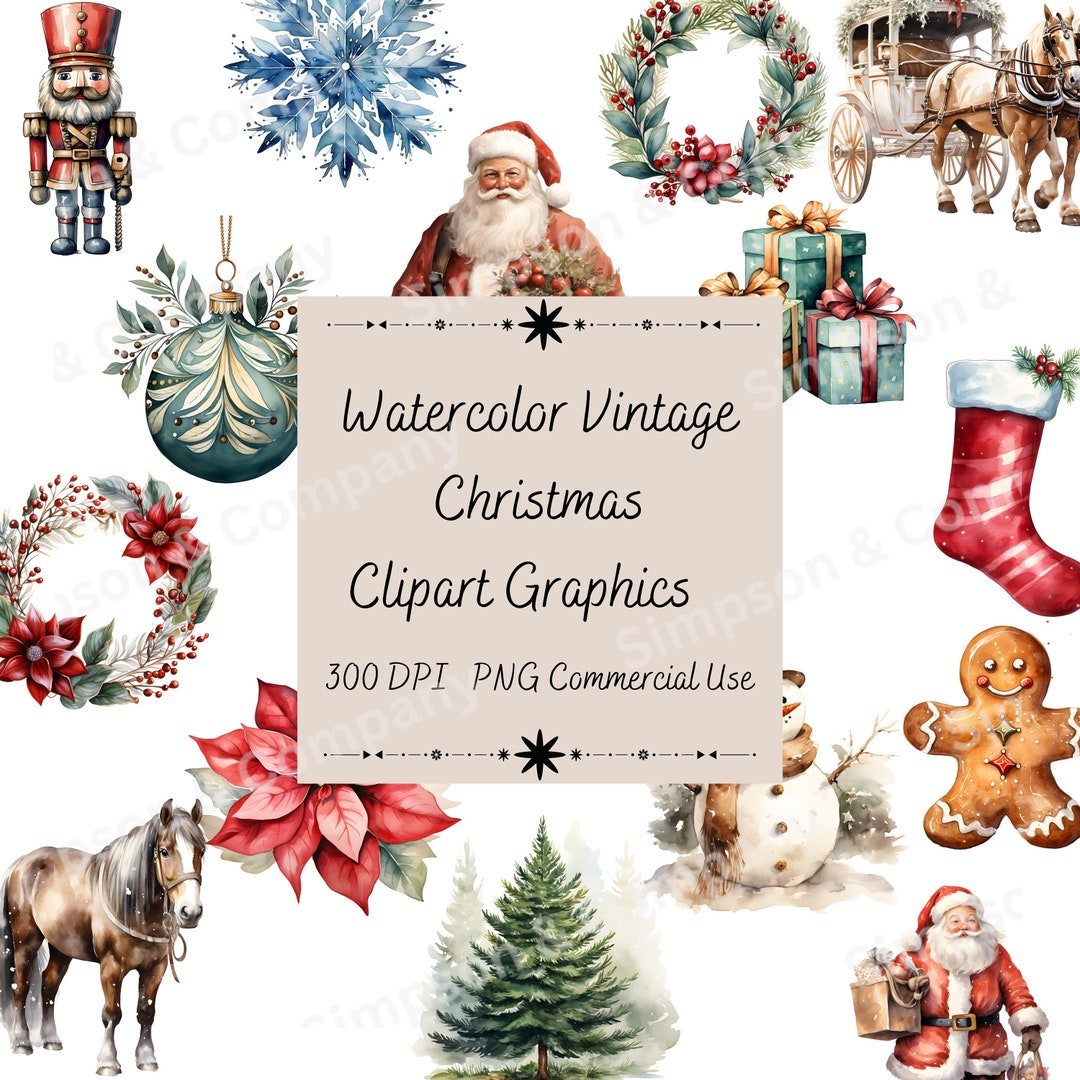 35 PNG Watercolor Vintage Christmas Clipart, Christmas Clipart, Instant ...