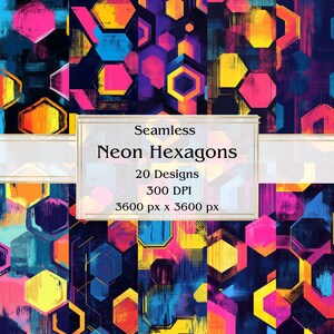 20 Neon Hexagons Seamless Digital Paper, JPEG, 12" X 12", Scrapbook ...