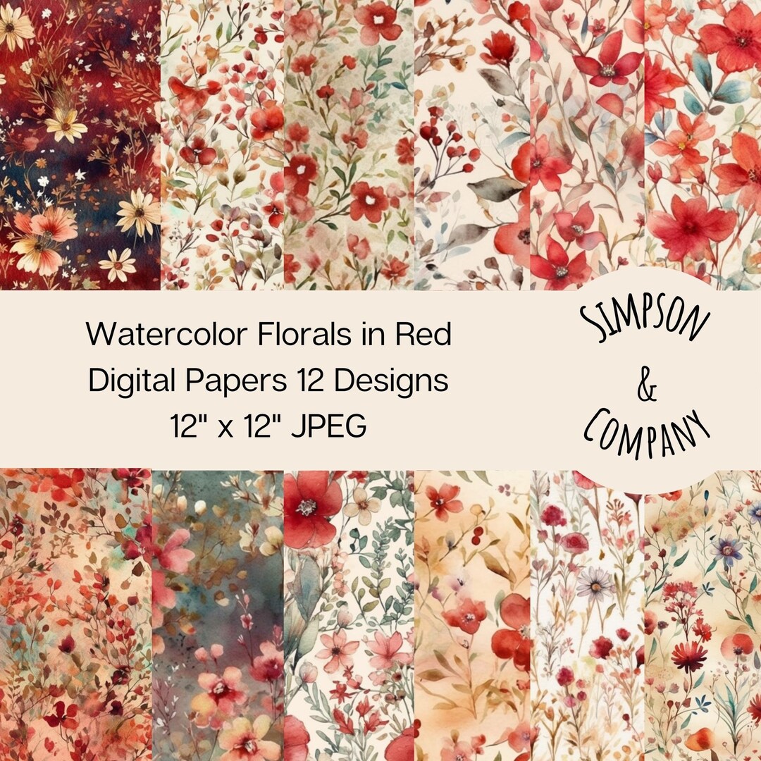 12 Watercolor Florals in Red Digital Papers, JPEG, 12" X 12", Scrapbook ...