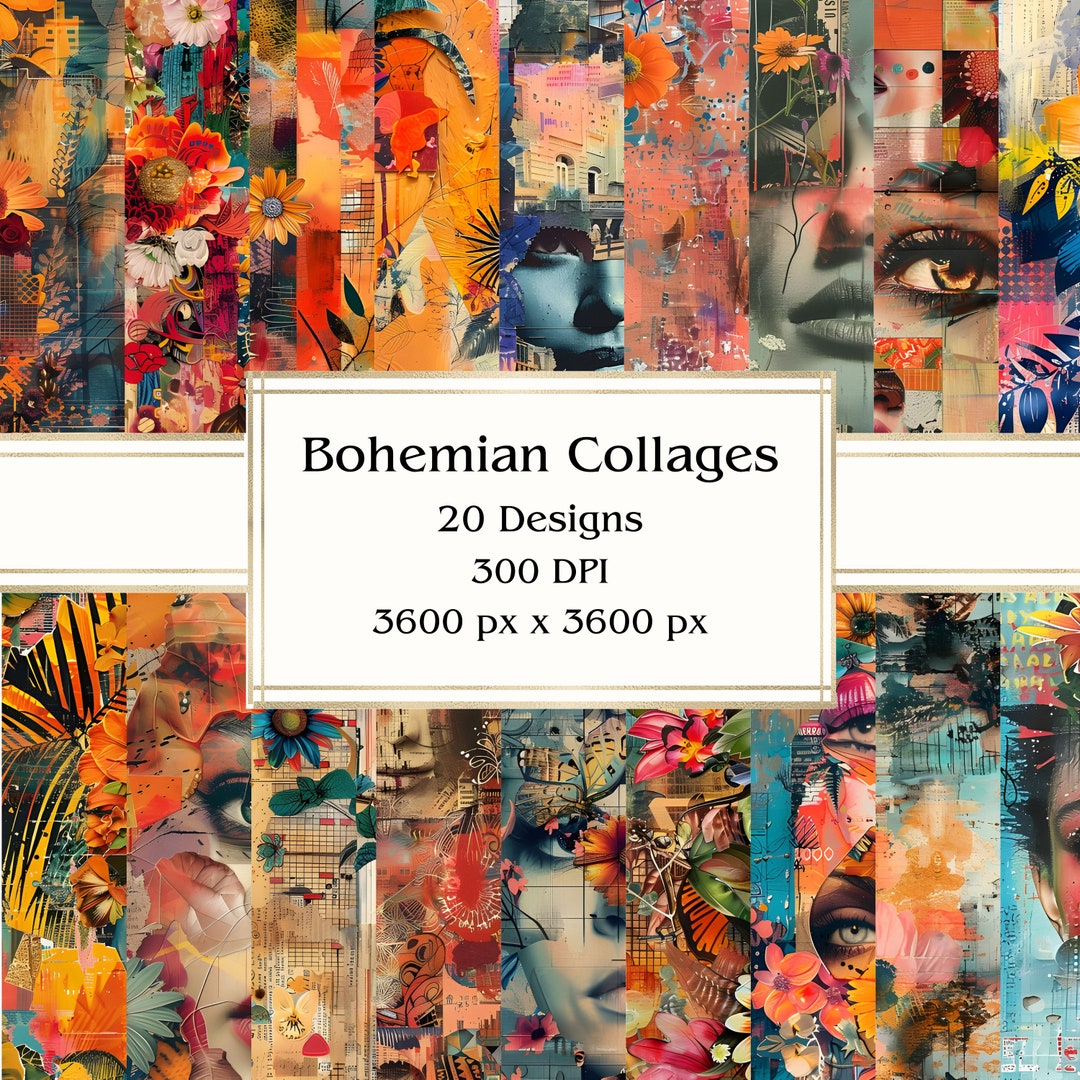 20 Bohemian Collages Digital Paper, JPEG, 12" X 12", Scrapbook Paper ...