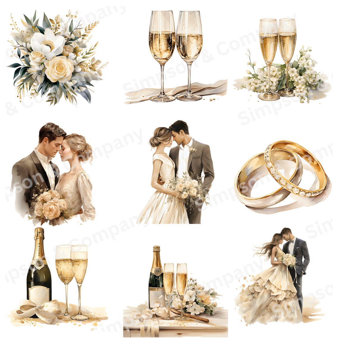 35 PNG Watercolor Ivory & Gold Wedding Clipart, Wedding Graphics ...