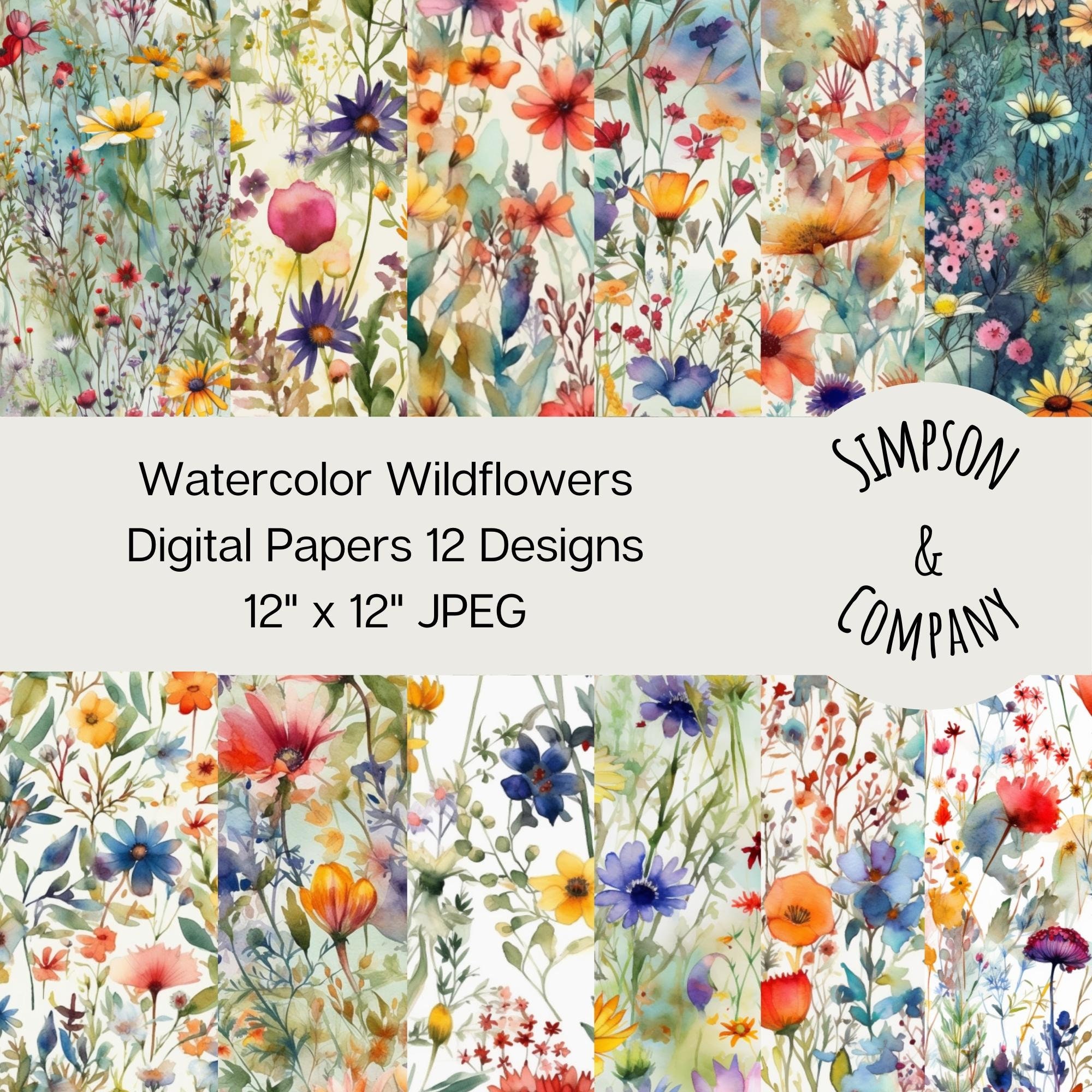 12 Watercolor Wildflowers Digital Papers, JPEG, 12 X 12, Scrapbook ...