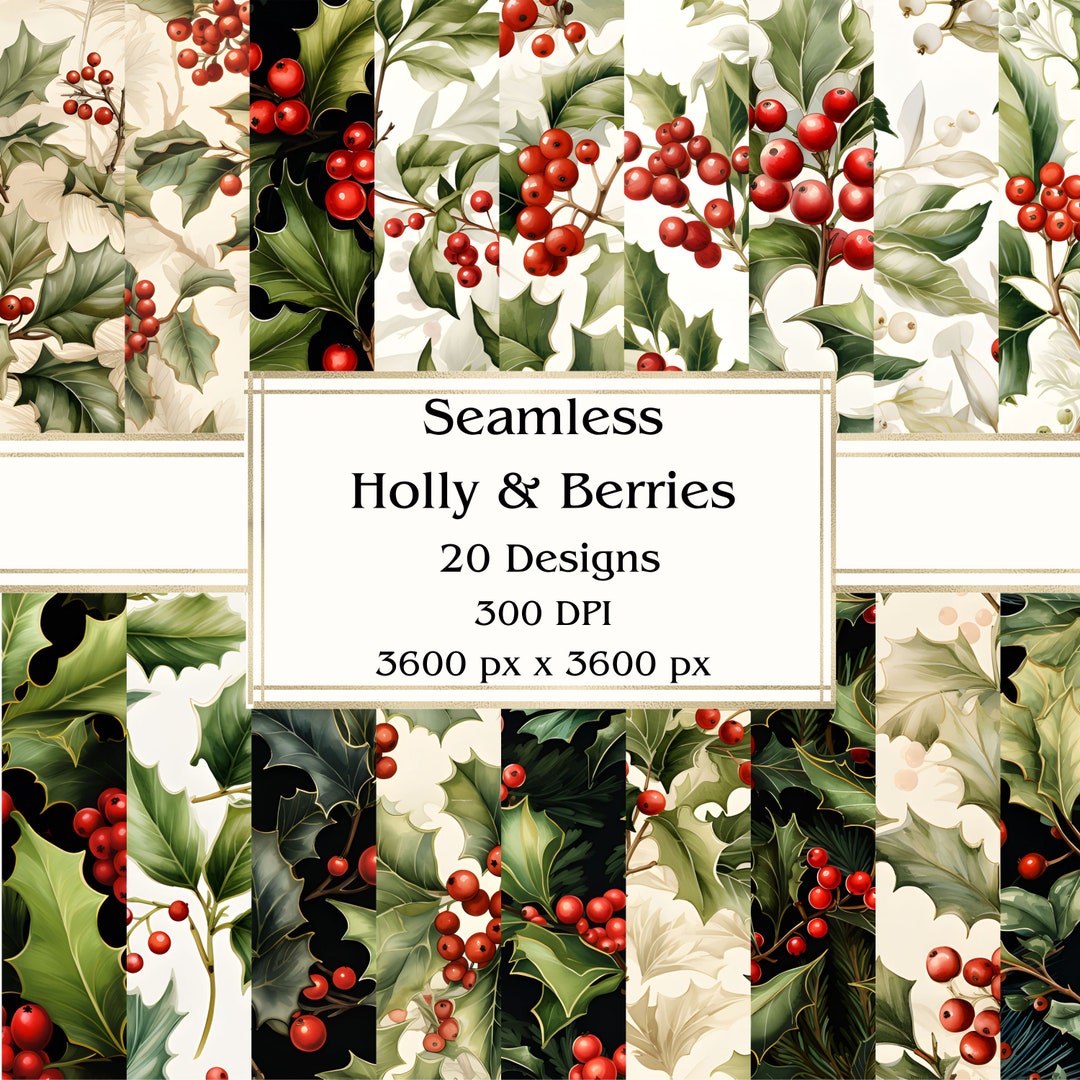 20 Holly & Berries Seamless Digital Paper, JPEG, 12" X 12", Scrapbook ...