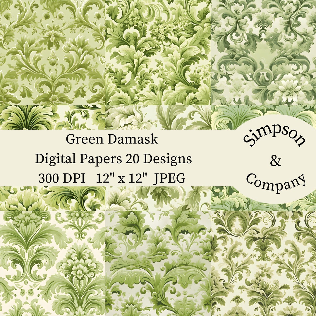 20 Green Damask Digital Paper, Victorian Digital Paper Pack, JPEG, 12 ...