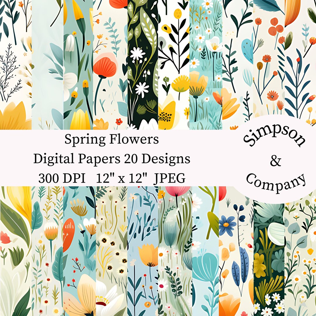 20 Spring Flowers Digital Papers, JPEG, 12 X 12, Scrapbook Paper, Junk ...