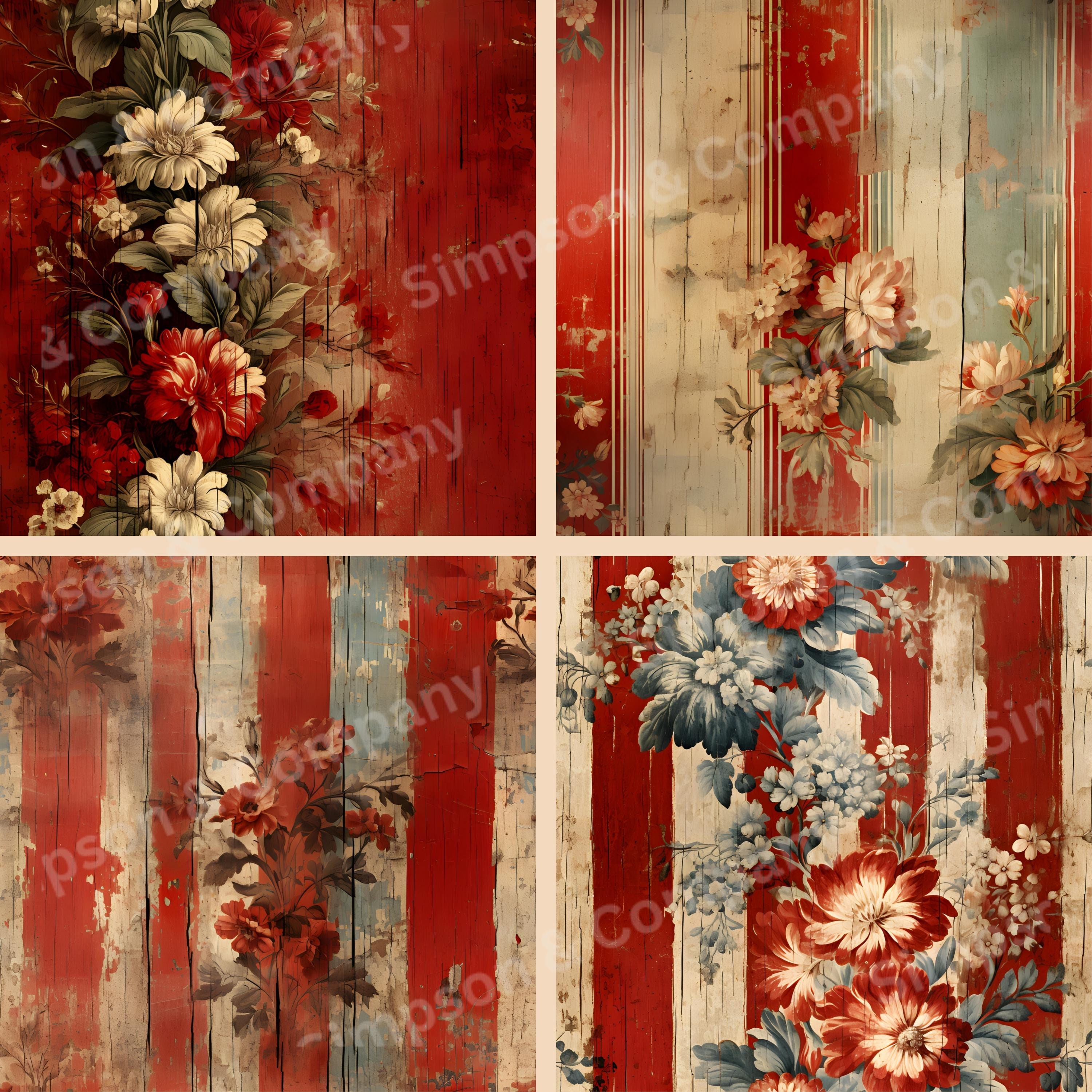 20 Red Aged Victorian Wallpaper Digital Paper, JPEG, 12 X 12, Scrapbook ...