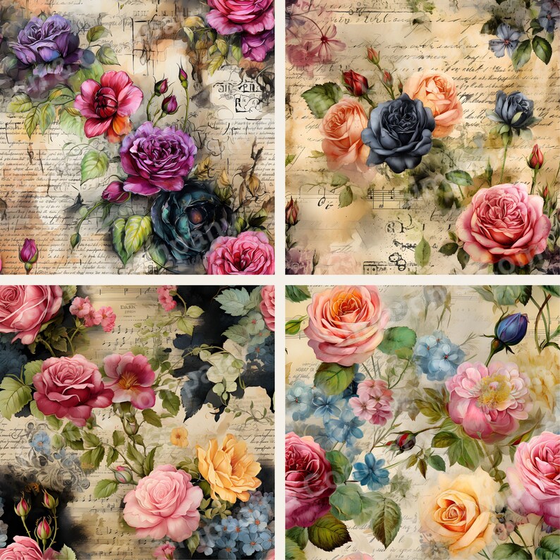 20 Rainbow Roses on Aged Paper Seamless Digital Paper, JPEG, 12 X 12, Scrapbook Paper, Junk ...
