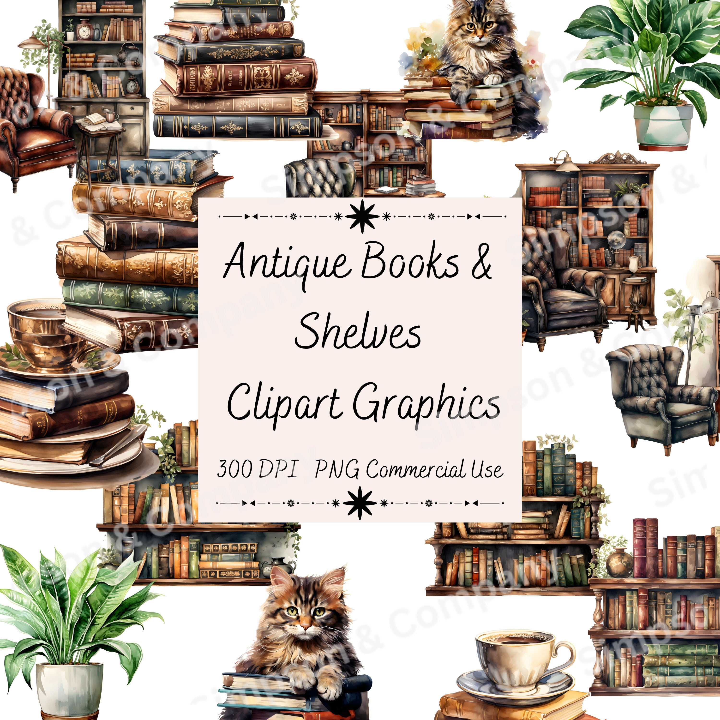 35 PNG Antique Books & Shelves Clip Art, Book Lovers Clipart, Instant ...