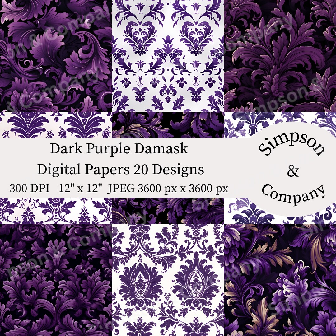 20 Dark Purple Damask Digital Paper, Victorian Paper Pack, JPEG, 12" X ...