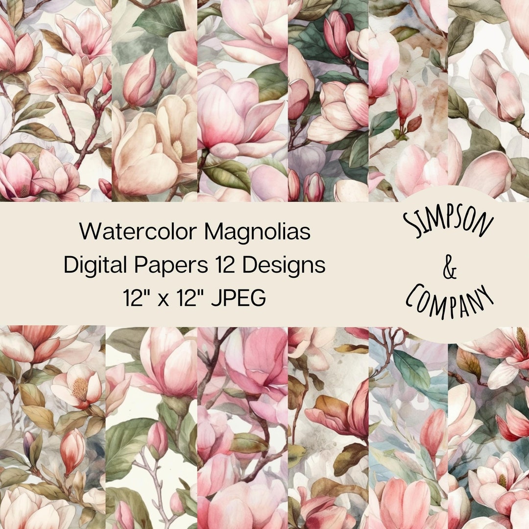 12 Watercolor Magnolias Digital Papers, JPEG, 12 X 12, Scrapbook Paper, Junk Journal, Paper Pack ...