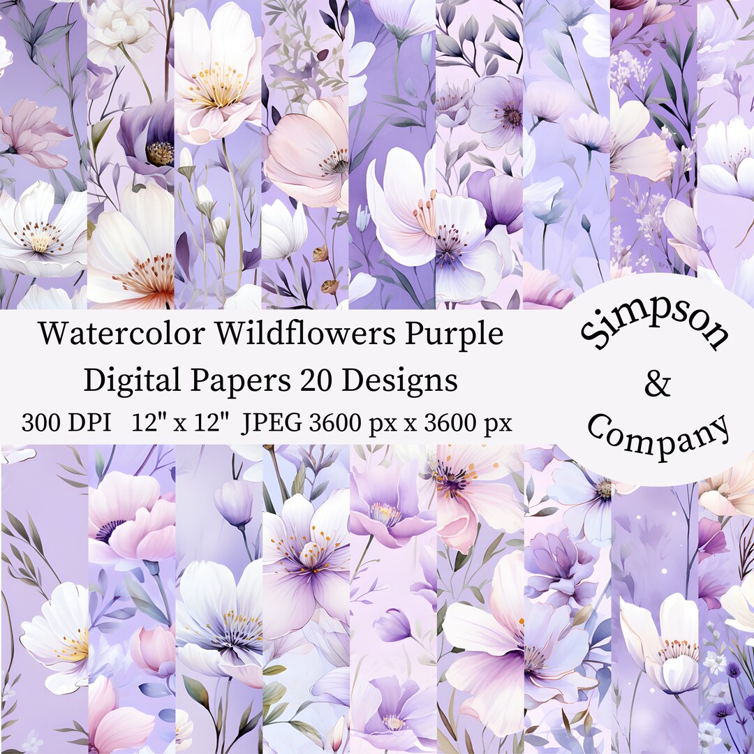 20 Watercolor Wildflowers Purple Digital Paper, JPEG, 12" X 12 ...