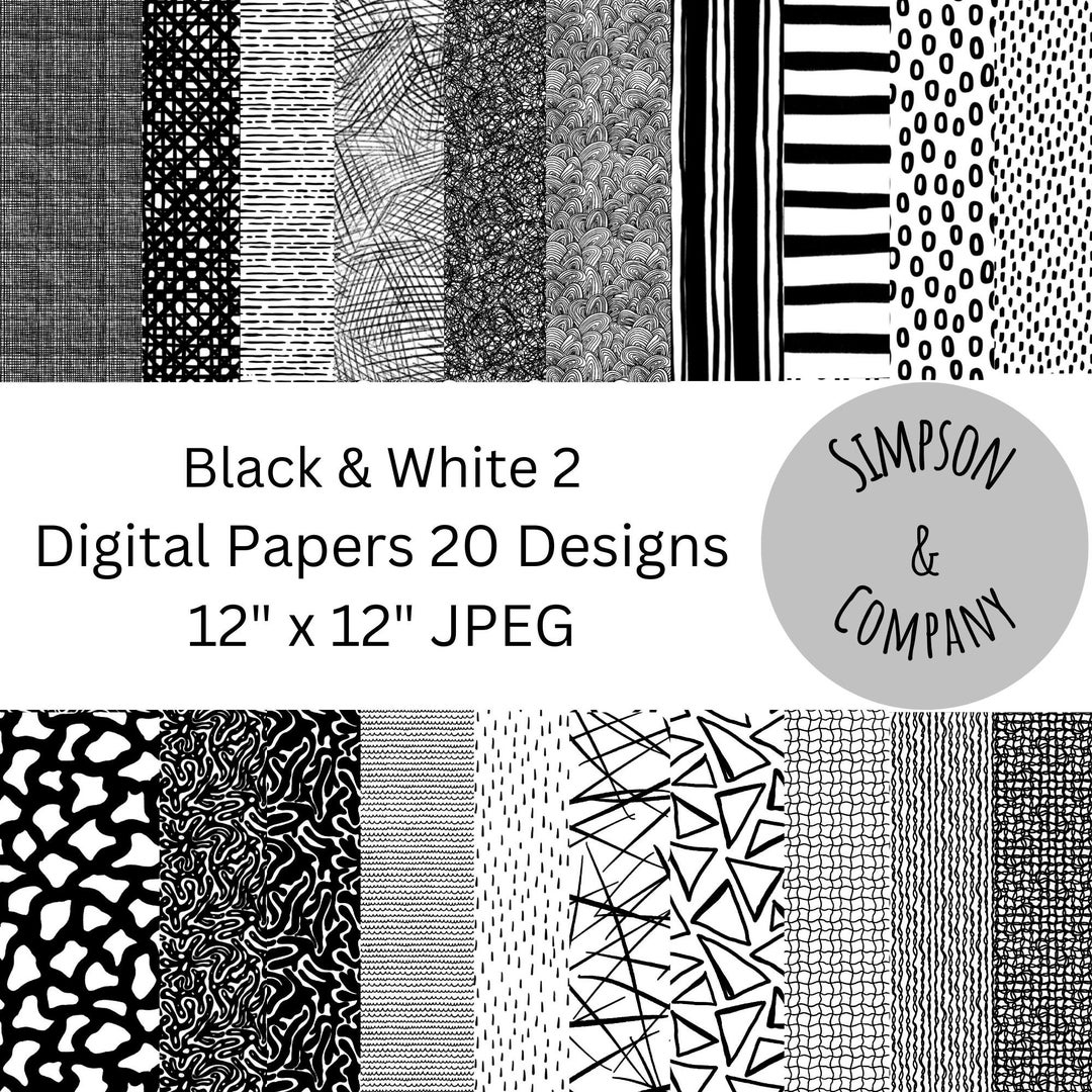 20 Black & White 2 Digital Papers, JPEG, 12" X 12", Scrapbook Paper ...