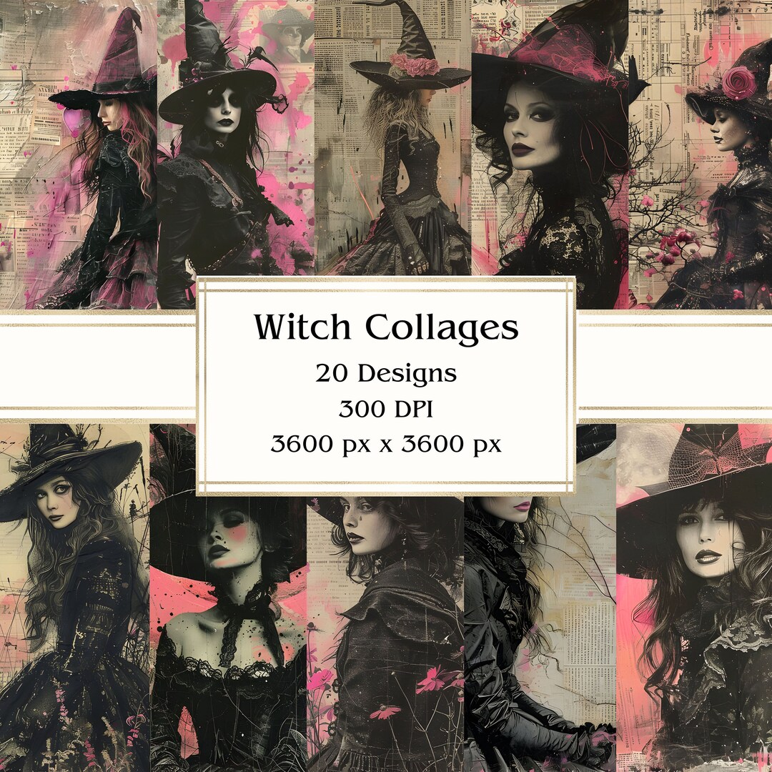 20 Witch Collages Digital Paper, JPEG, 12" X 12", Scrapbook Paper, Junk ...