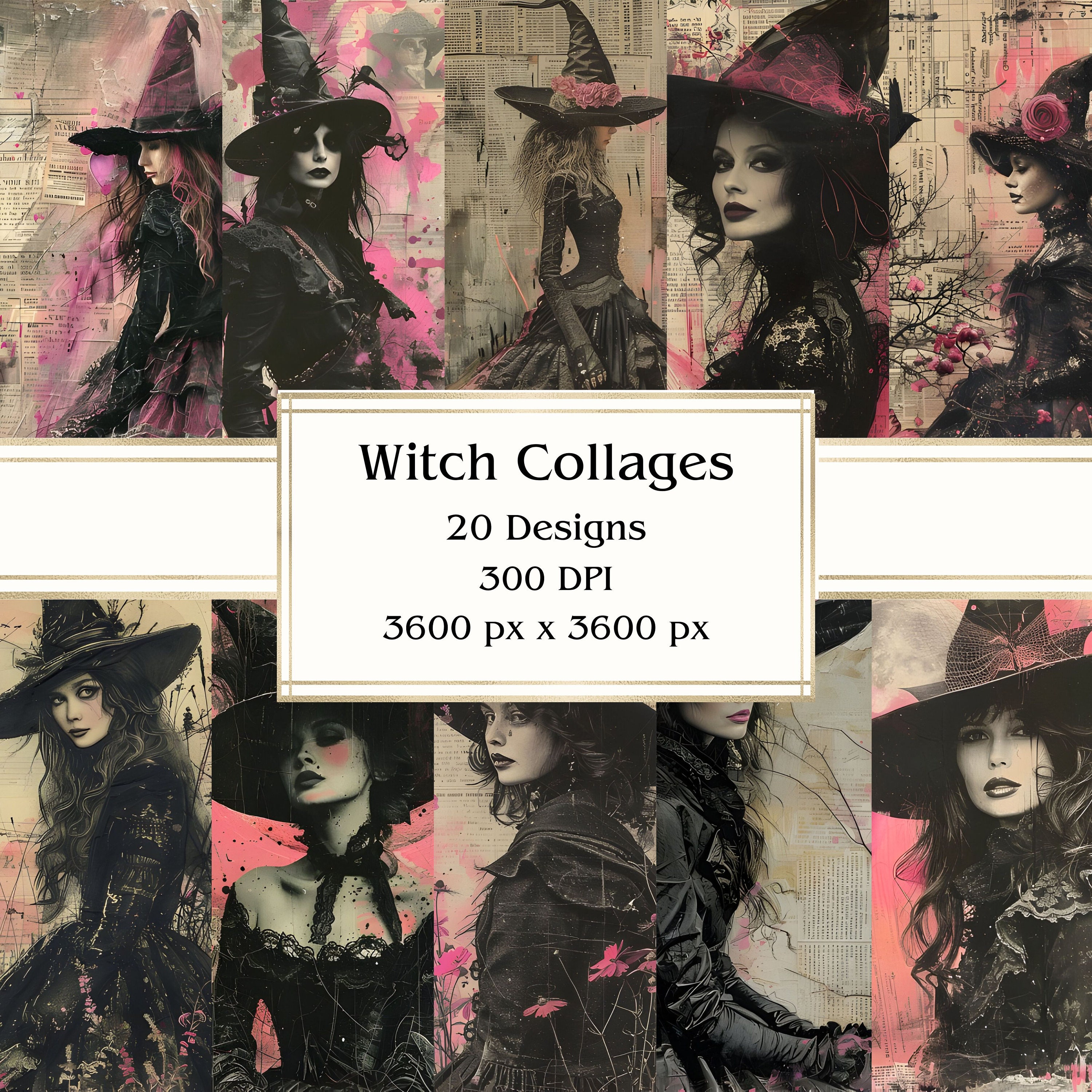 20 Witch Collages Digital Paper, JPEG, 12 X 12, Scrapbook Paper, Junk ...