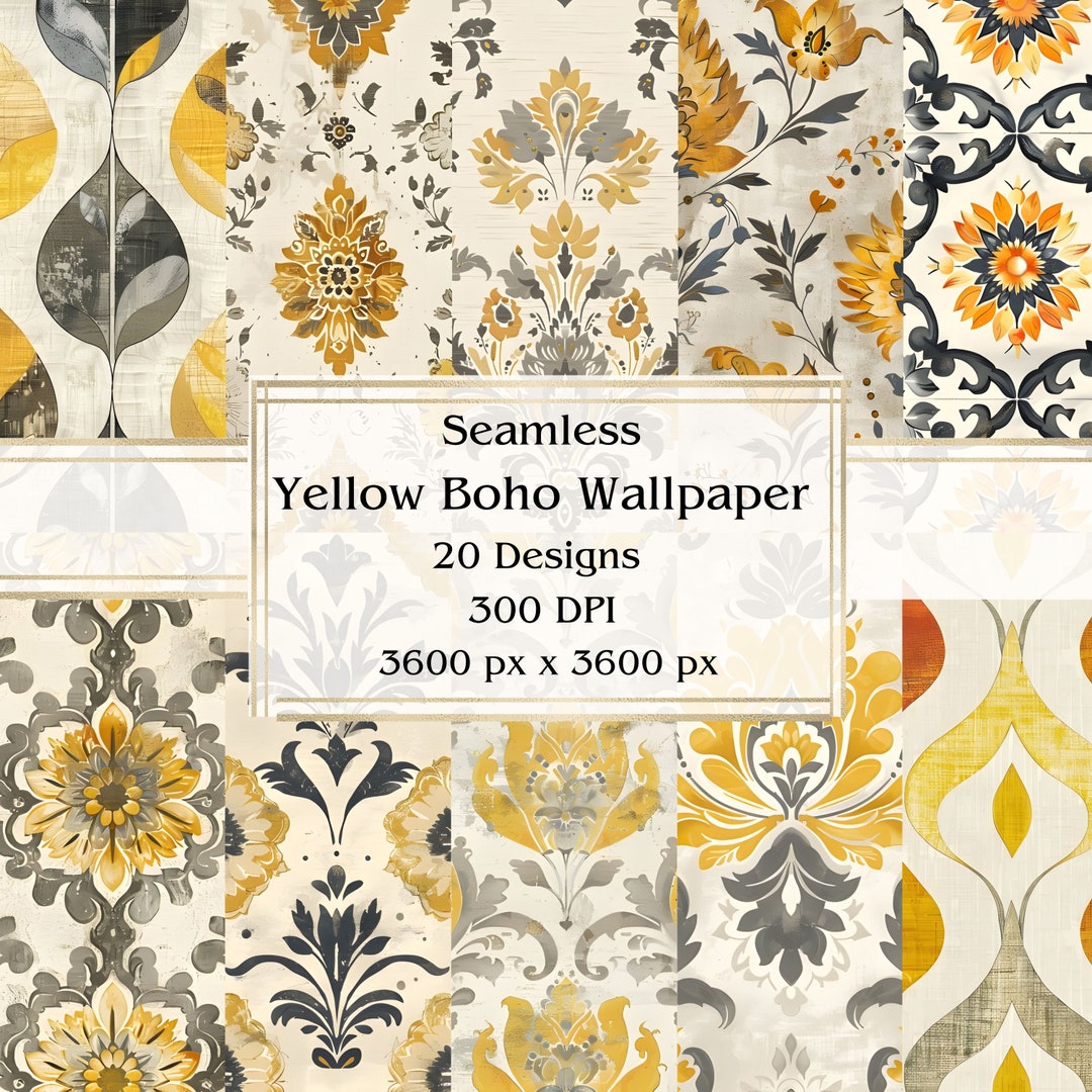 20 Yellow Boho Wallpaper Seamless Digital Paper, JPEG, 12" X 12 ...