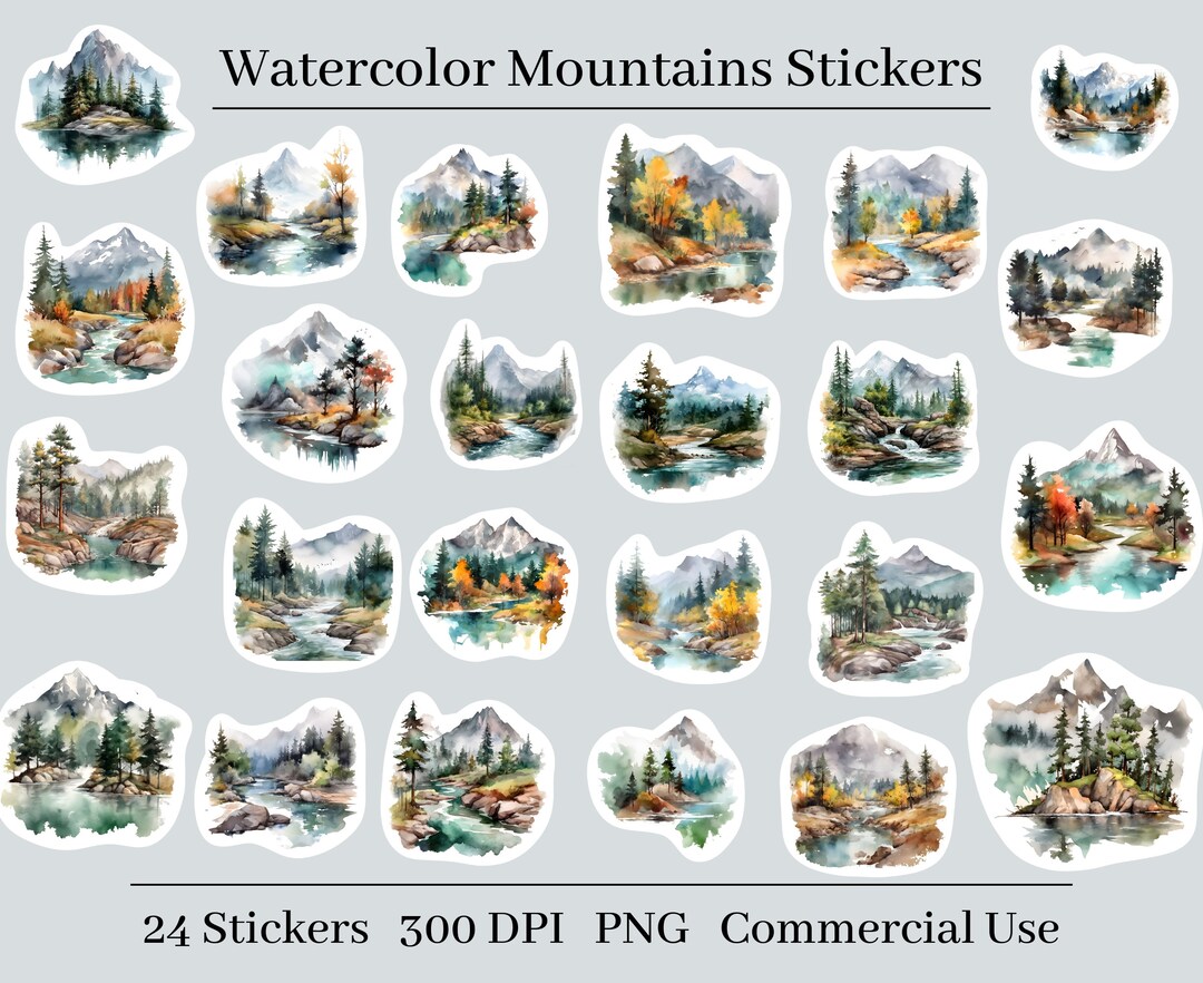 24 PNG Watercolor Mountains Digital Stickers, Outdoors Stickers ...