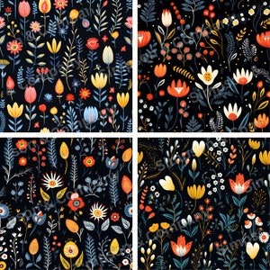 20 Folk Art Flowers Black Seamless Digital Paper, JPEG, 12" X 12", Scrapbook Paper, Junk Journal ...