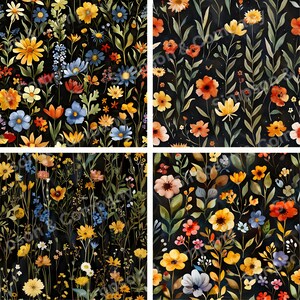 20 Wildflowers on Black Seamless Digital Paper, JPEG, 12 X 12, Scrapbook Paper, Junk Journal ...