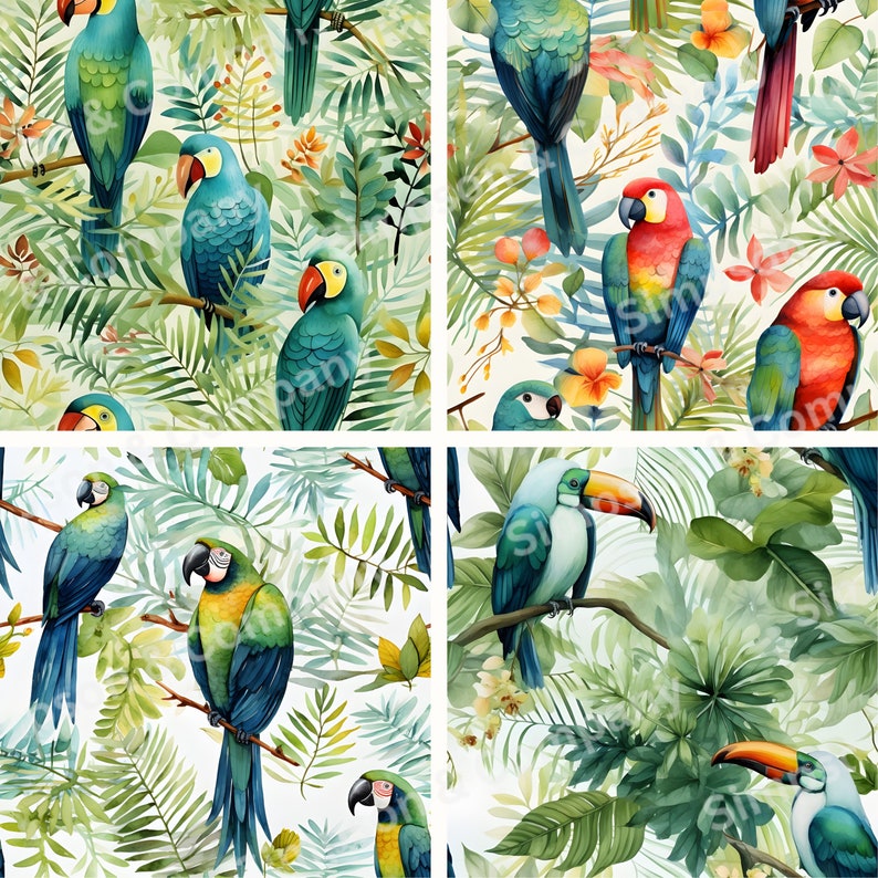 20 Tropical Birds & Leaves Seamless Digital Paper, JPEG, 12 X 12, Scrapbook Paper, Junk Journal ...