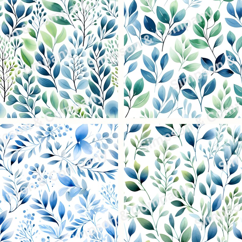 20 Foliage Blue Seamless Digital Paper, JPEG, 12 X 12, Scrapbook Paper, Junk Journal, Paper Pack ...