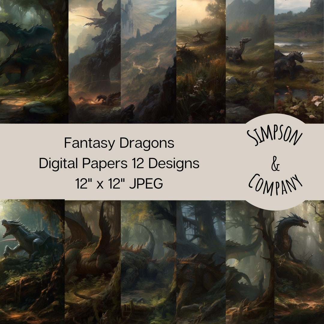 12 Fantasy Dragons Digital Papers, JPEG, 12 X 12, Scrapbook Paper, Junk ...