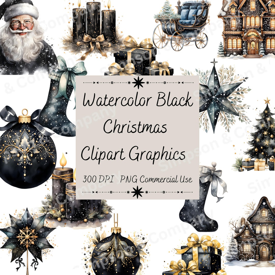 35 PNG Watercolor Black Christmas Clip Art, Christmas Clip Art, Instant ...