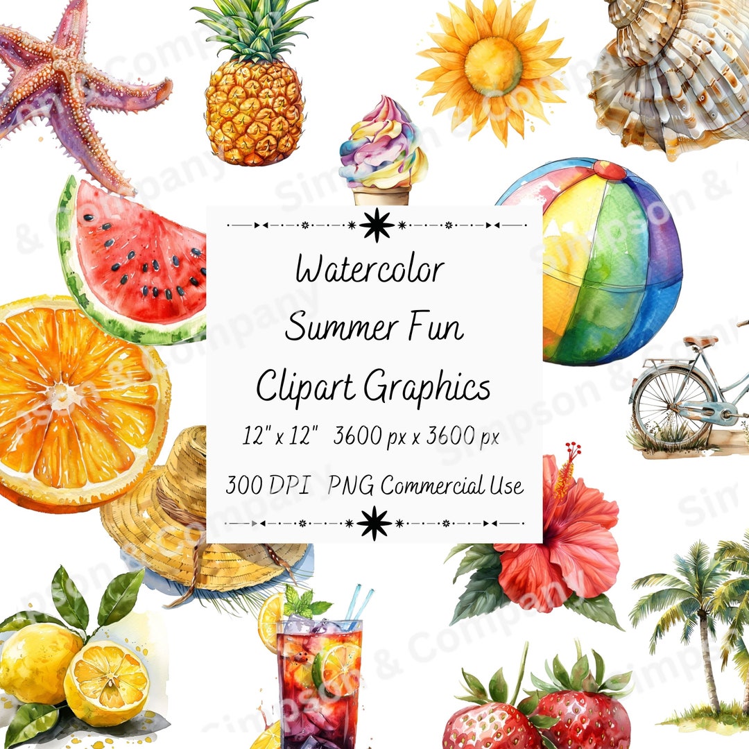 35 PNG Watercolor Summer Fun Clipart, Beach Clipart, Fruit, Cocktails ...