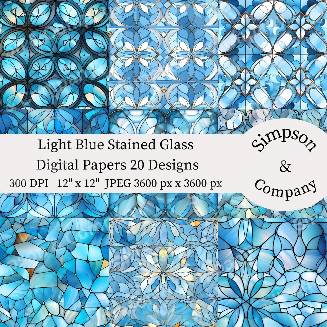20 Light Blue Stained Glass Digital Papers, JPEG, 12" X 12", Scrapbook ...