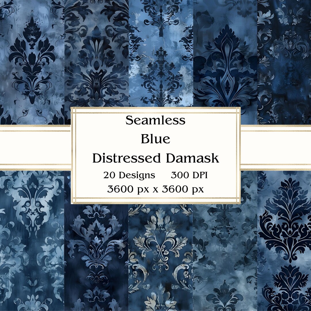20 Blue Distressed Damask Seamless Digital Paper, JPEG, 12" X 12 ...