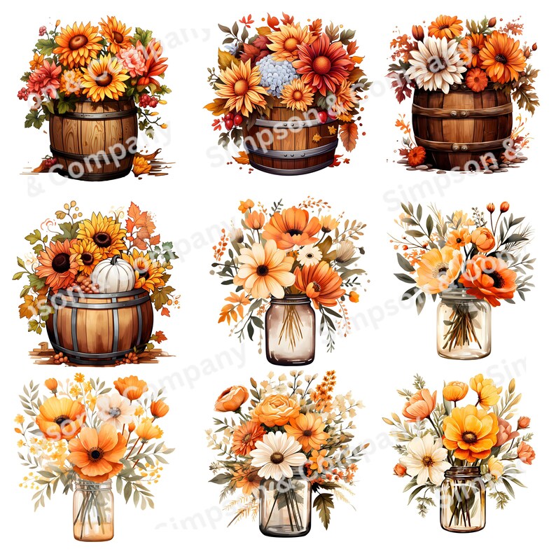 35 PNG Fall Floral Decor Clipart, Autumn Flowers Clipart, Instant ...