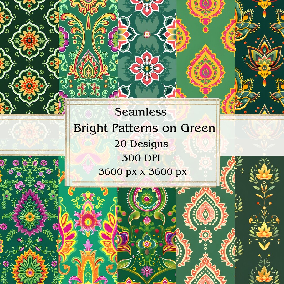 20 Bright Patterns on Green Seamless Digital Paper, JPEG, 12" X 12 ...