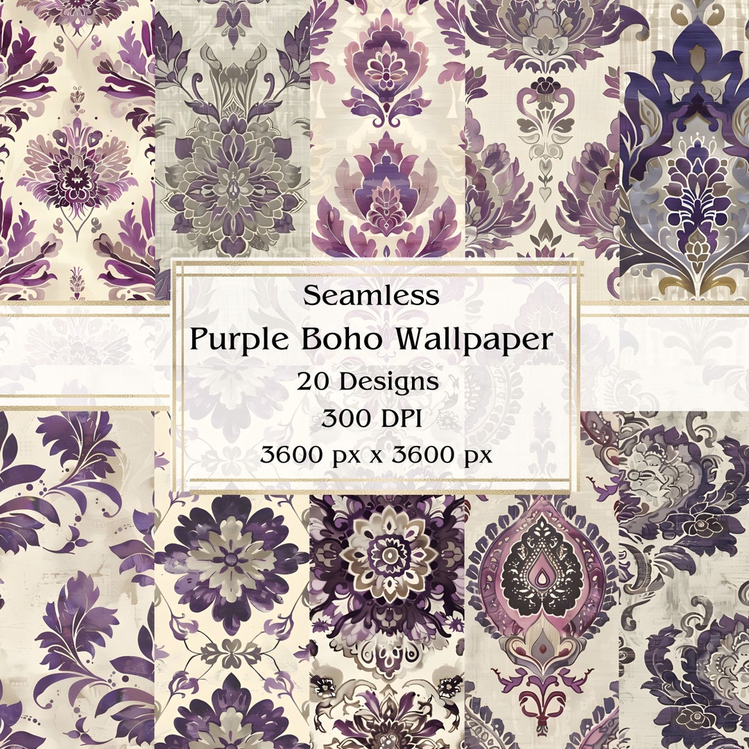 20 Purple Boho Wallpaper Seamless Digital Paper, JPEG, 12" X 12 ...