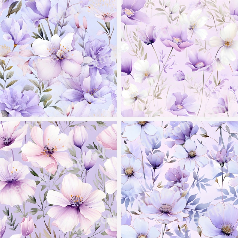 20 Watercolor Wildflowers Purple Digital Paper, JPEG, 12 X 12 ...