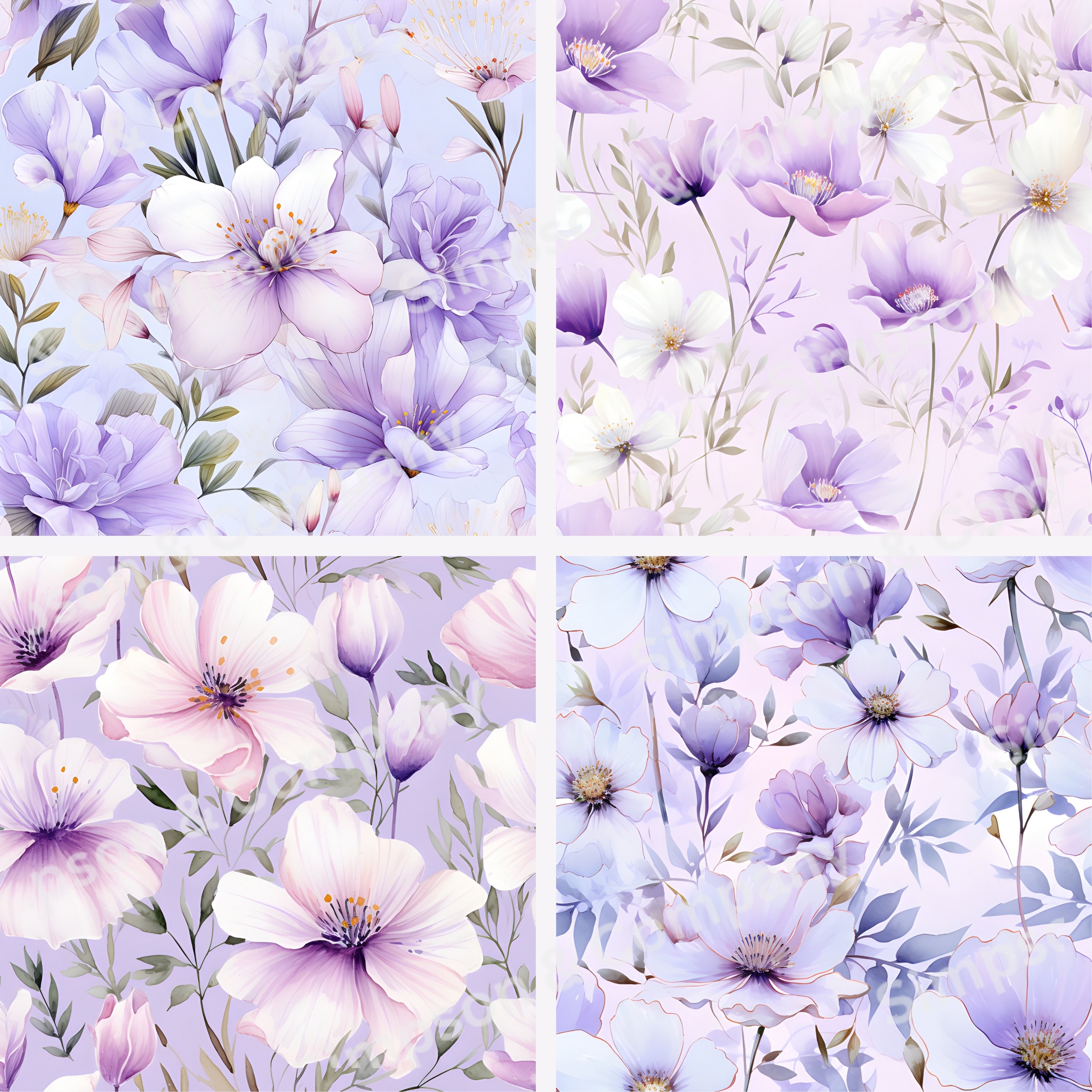 20 Watercolor Wildflowers Purple Digital Paper, JPEG, 12 X 12 ...