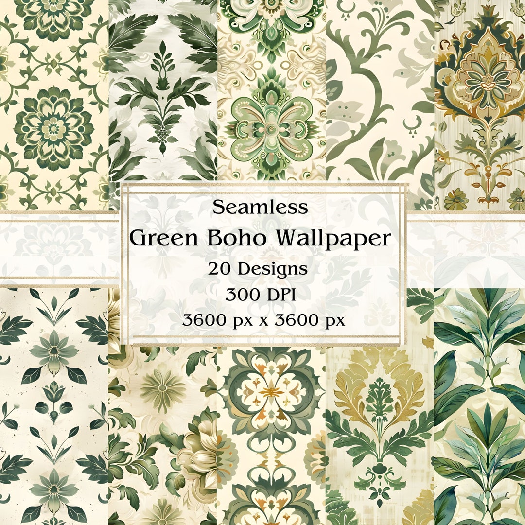20 Green Boho Wallpaper Seamless Digital Paper, JPEG, 12" X 12 ...