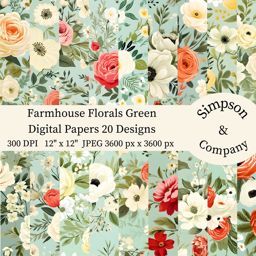 20 Farmhouse Florals Green Digital Paper, JPEG, 12" X 12", Scrapbook ...