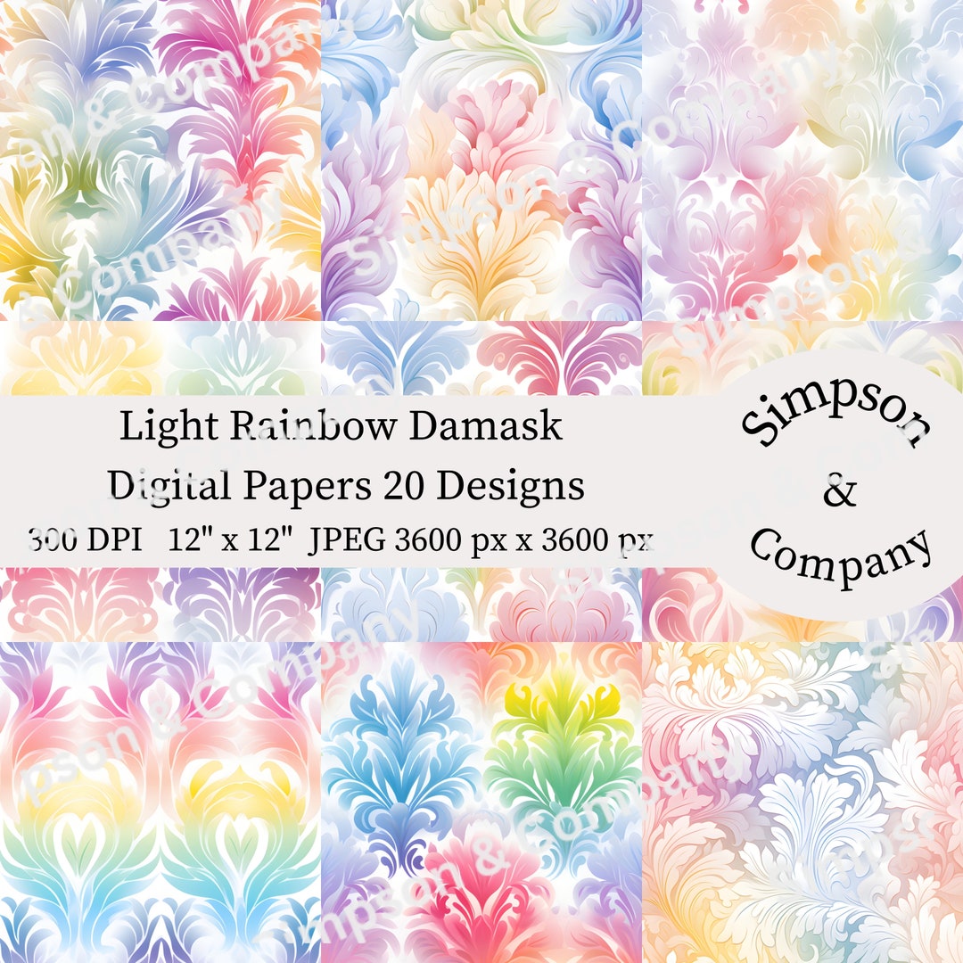 20 Rainbow Damask Digital Paper, Victorian Paper Pack, JPEG, 12" X 12 ...
