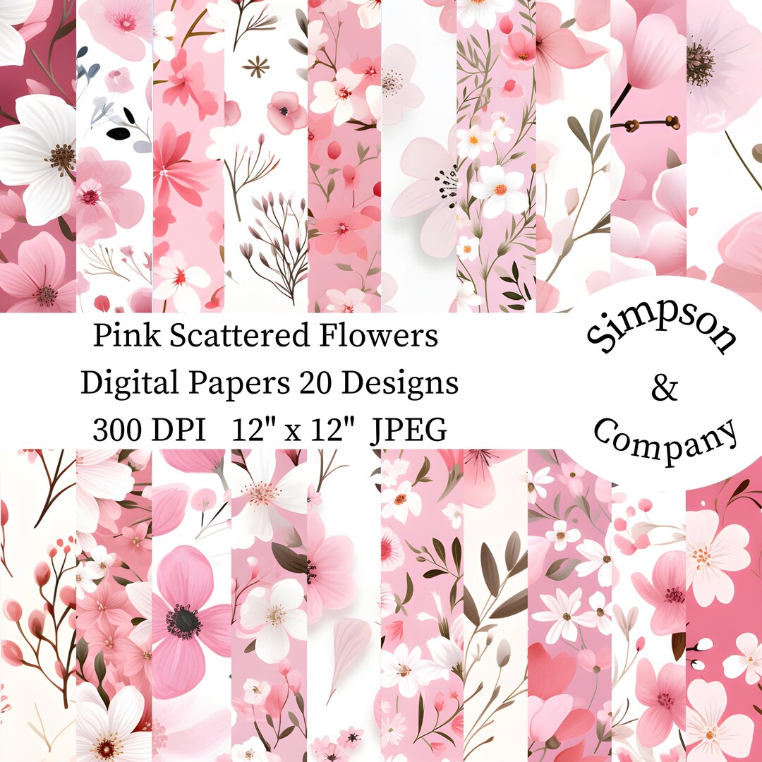 20 Pink Scattered Flowers Digital Paper, JPEG, 12 X 12, Scrapbook Paper ...