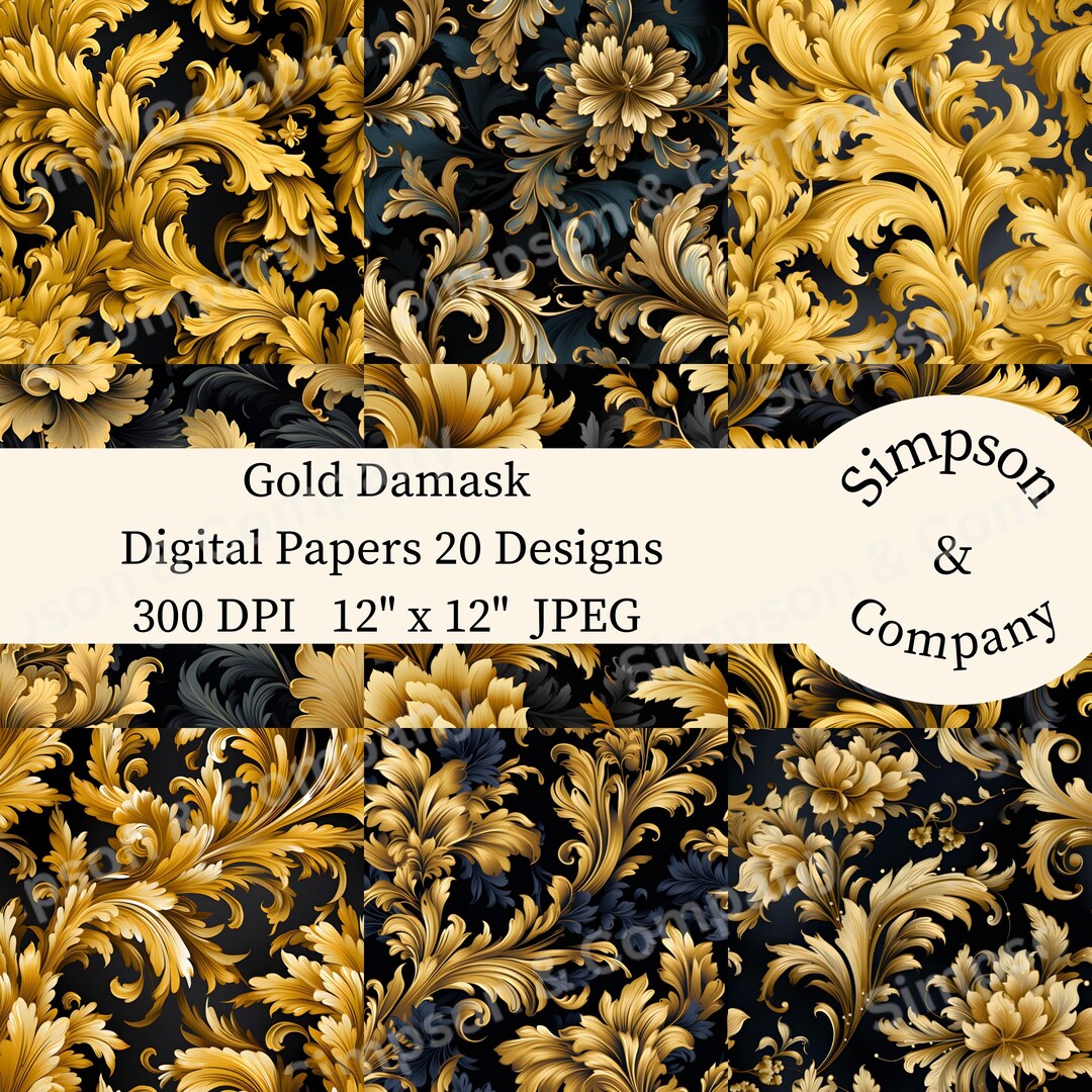 20 Gold Damask Digital Paper, Victorian Digital Paper Pack, JPEG, 12 X ...