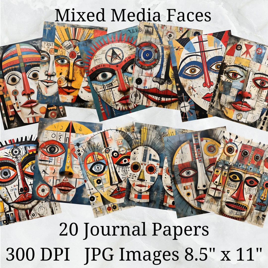 20 Mixed Media Faces Journal Paper, Digital Paper JPEG, 8.5" X 11 ...