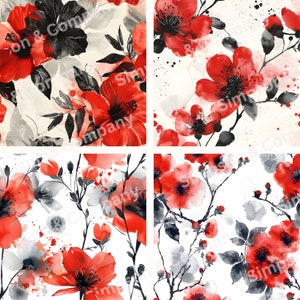 20 Red & Black Floral Seamless Digital Paper, JPEG, 12" X 12 ...