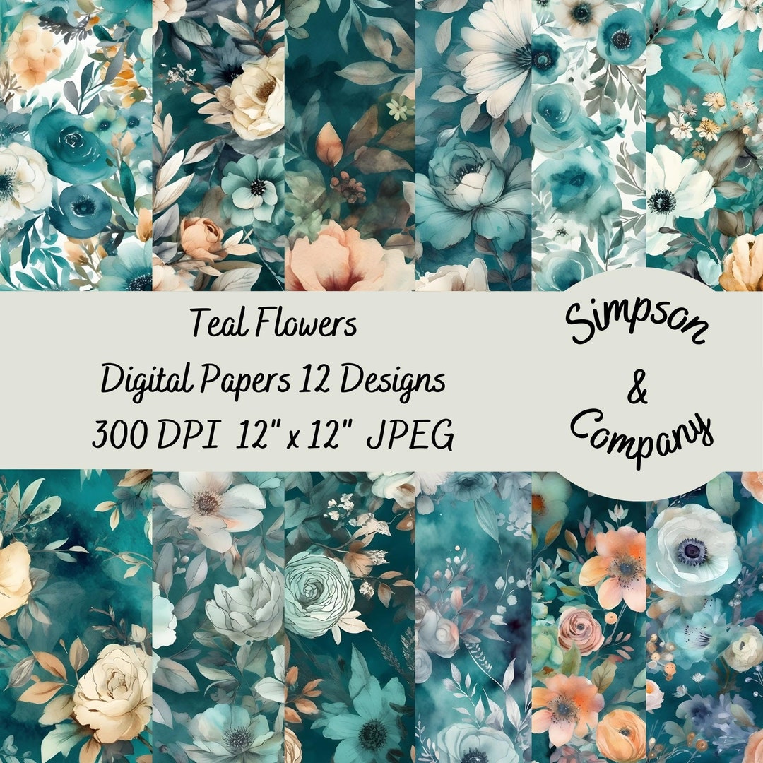 12 Teal Watercolor Florals Digital Papers, JPEG, 12" X 12", Scrapbook ...