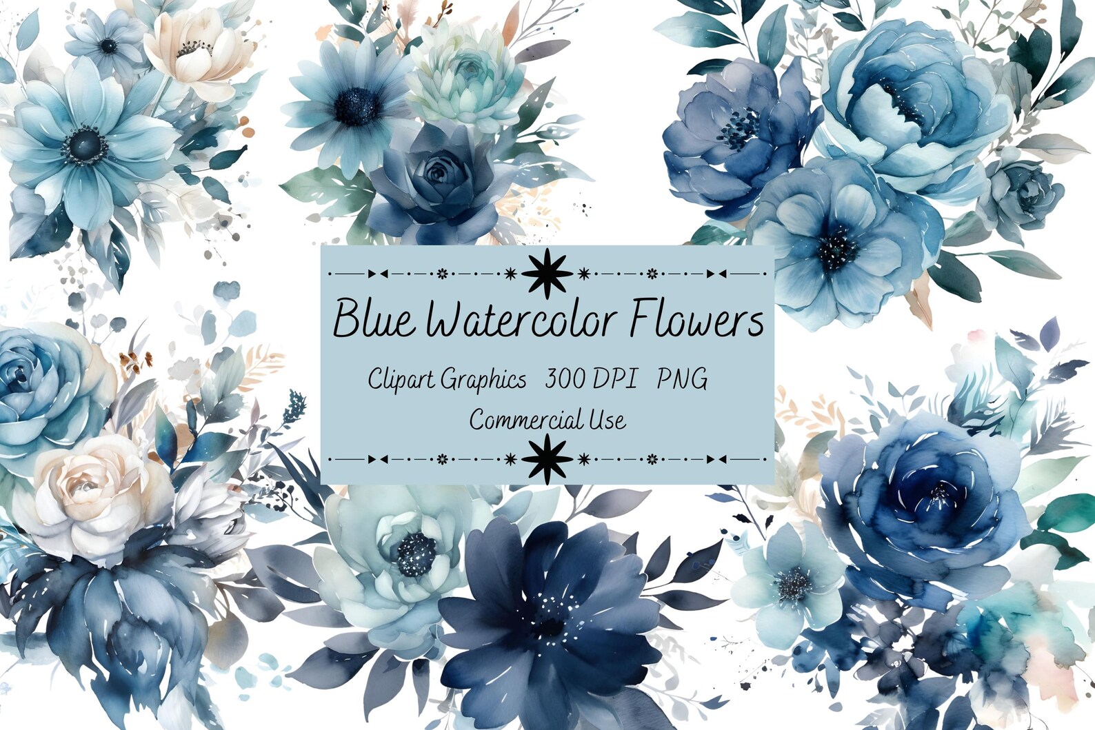 24 PNG Blue Watercolor Flower Clipart, Flowers, Floral Clipart, Instant ...