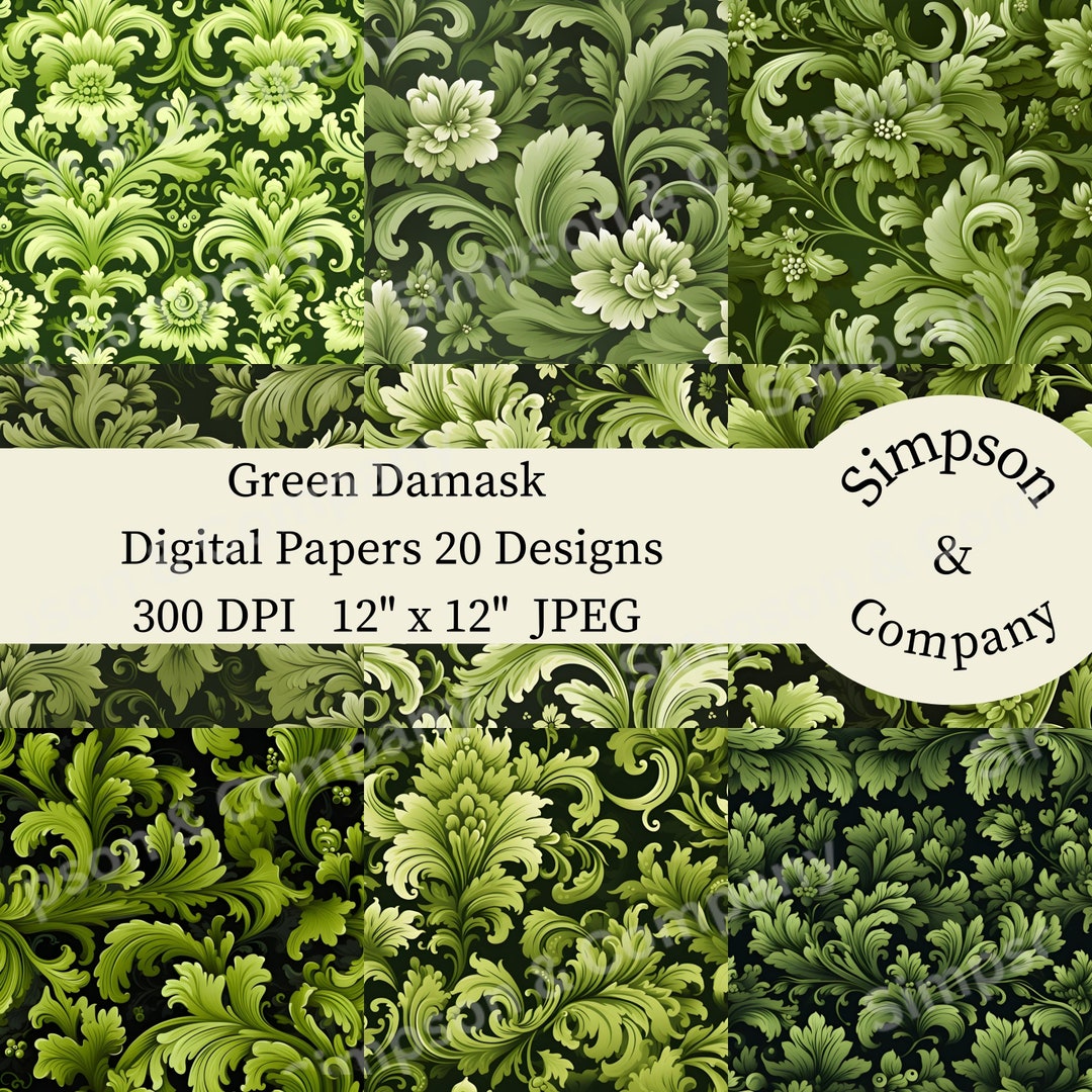 20 Green Damask Digital Paper, Victorian Digital Paper Pack, JPEG, 12 X ...