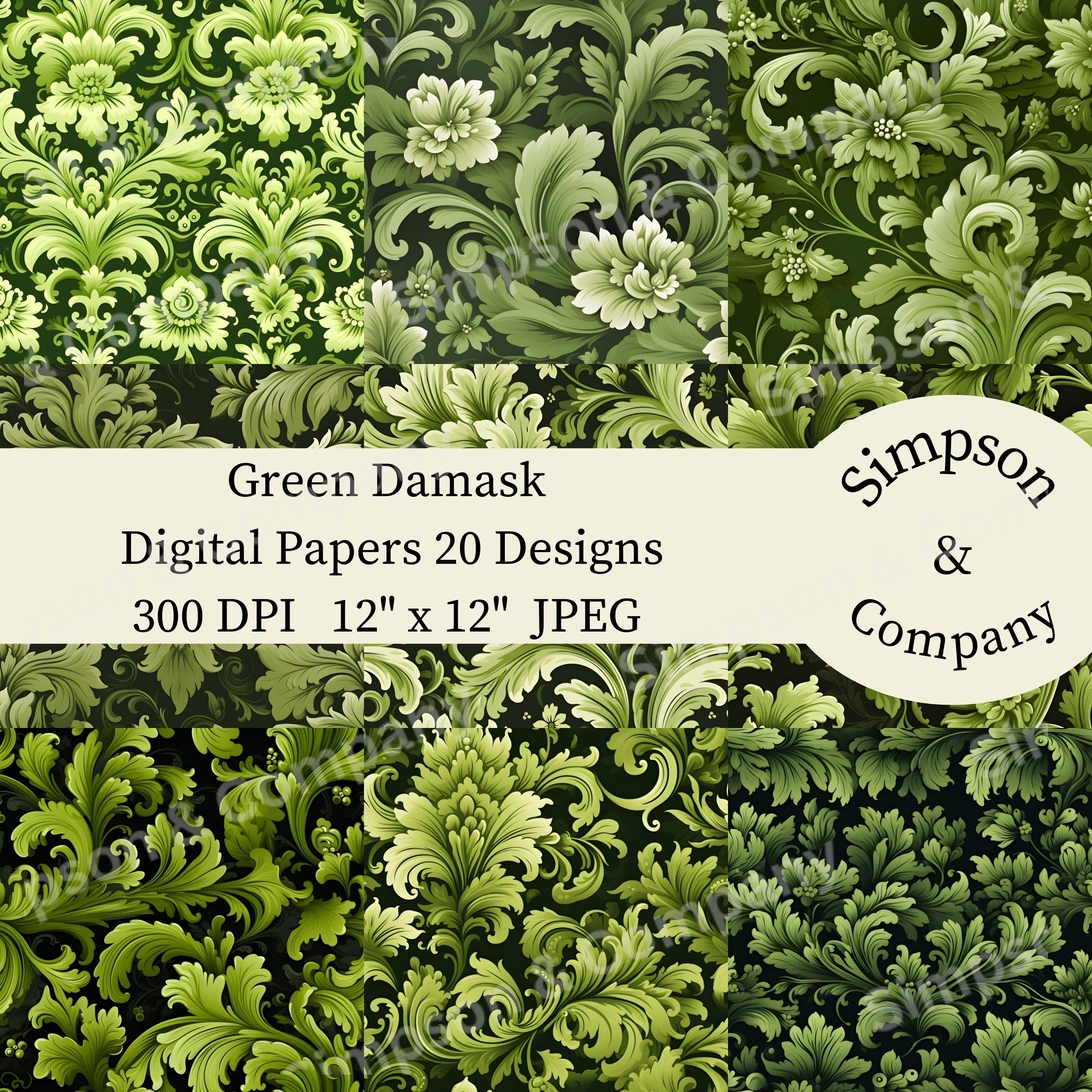 20 Green Damask Digital Paper, Victorian Digital Paper Pack, JPEG, 12 X ...
