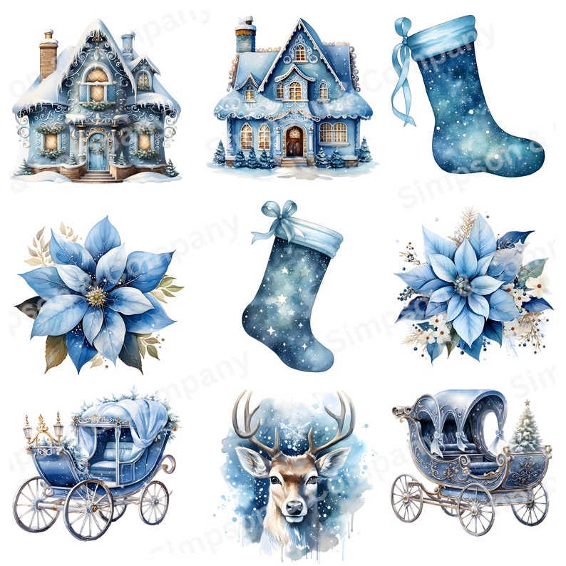 35 PNG Watercolor Blue Christmas Clip Art, Christmas Clip Art, Instant ...