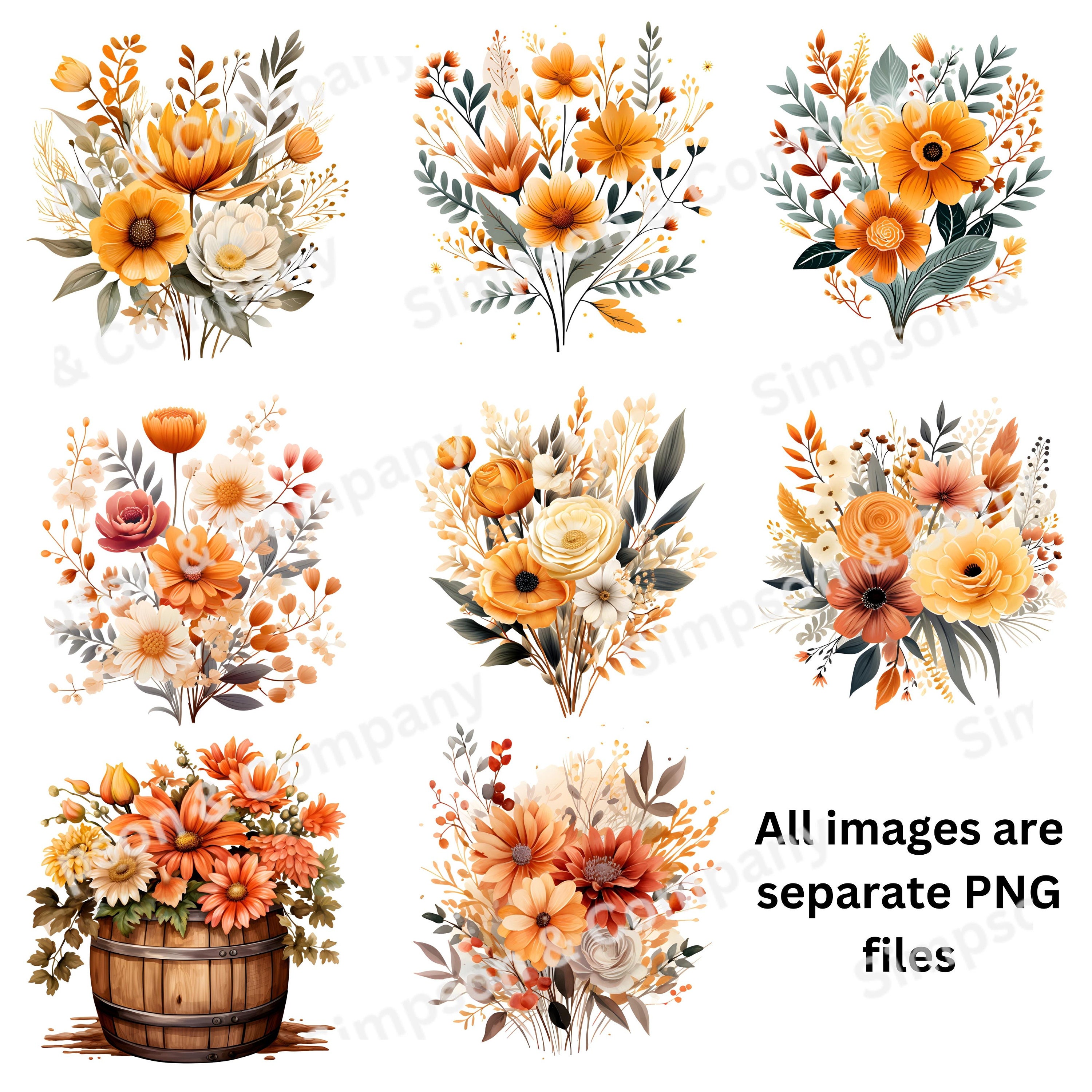 35 PNG Fall Floral Decor Clipart, Autumn Flowers Clipart, Instant ...