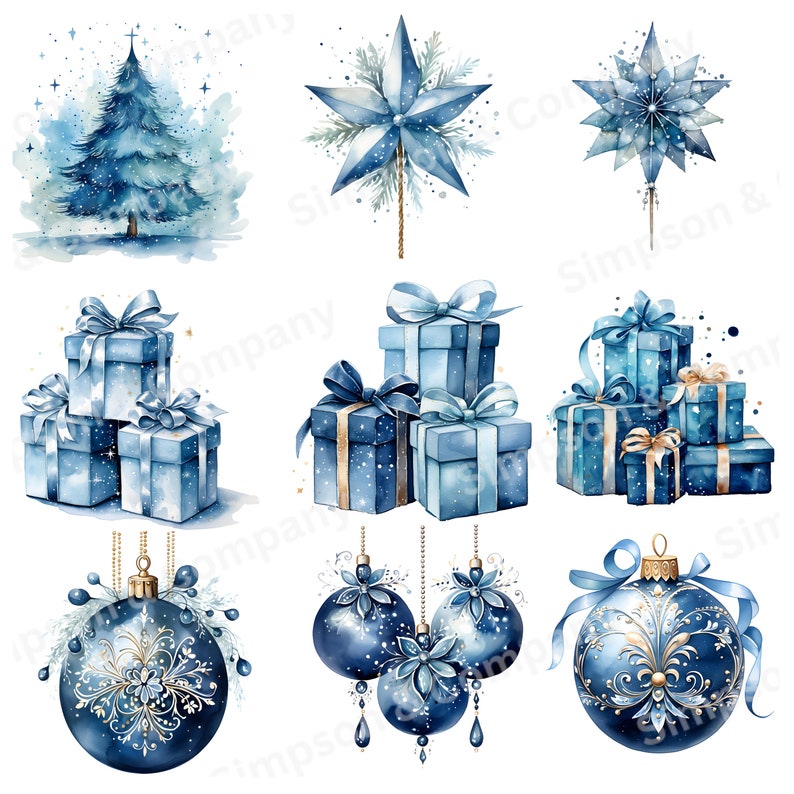 35 PNG Watercolor Blue Christmas Clip Art, Christmas Clip Art, Instant ...